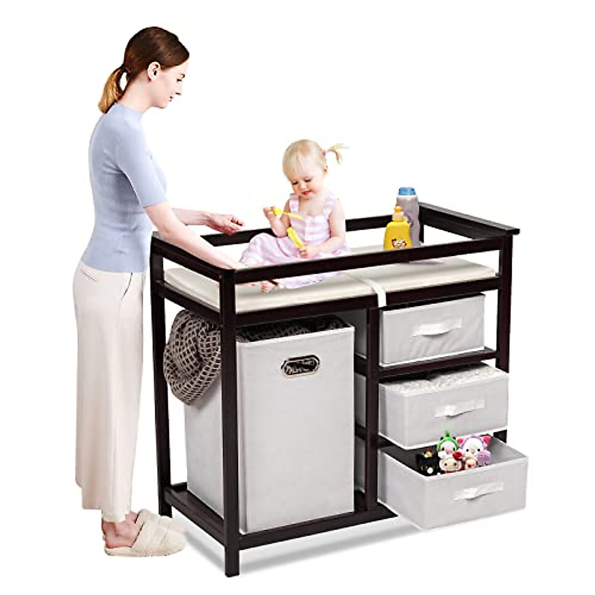 Baby Changing Table - Changing Station with Laundry Hamper, 3 Storage Baskets, and Pad, Multi Storage Nursery Changing Table for Infants or Babies (Dark Brown)