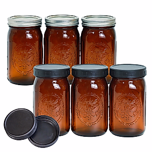 Jumterlee 6 Pack 32 oz Amber Mason Jars, Wide Mouth Mason Jars with Lids and Bands and 6 Black Plastic Mason Jar Lids, Amber Glass Mason Jars