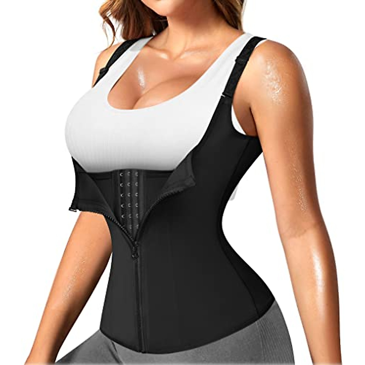 Nebility Women Waist Trainer Corset Zipper Vest Body Shaper Cincher Tank Top with Adjustable Straps (XL, Black)