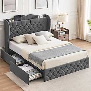 GAOMON Queen Size Bed Frame with 4 Storage Drawers and Charging Station, Velvet Upholstered Platform Bed with Tall Headboard and Storage Shelf, Wooden Slats Support, No Box Spring Needed, Grey