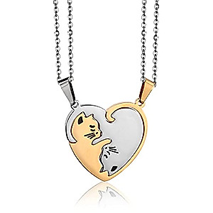 GOVENUS Couple Heart Or Cat BFF Best Friend for Girls Puzzle Friendship Pendant Necklaces,316L Stainless Steel Gold&Silver
