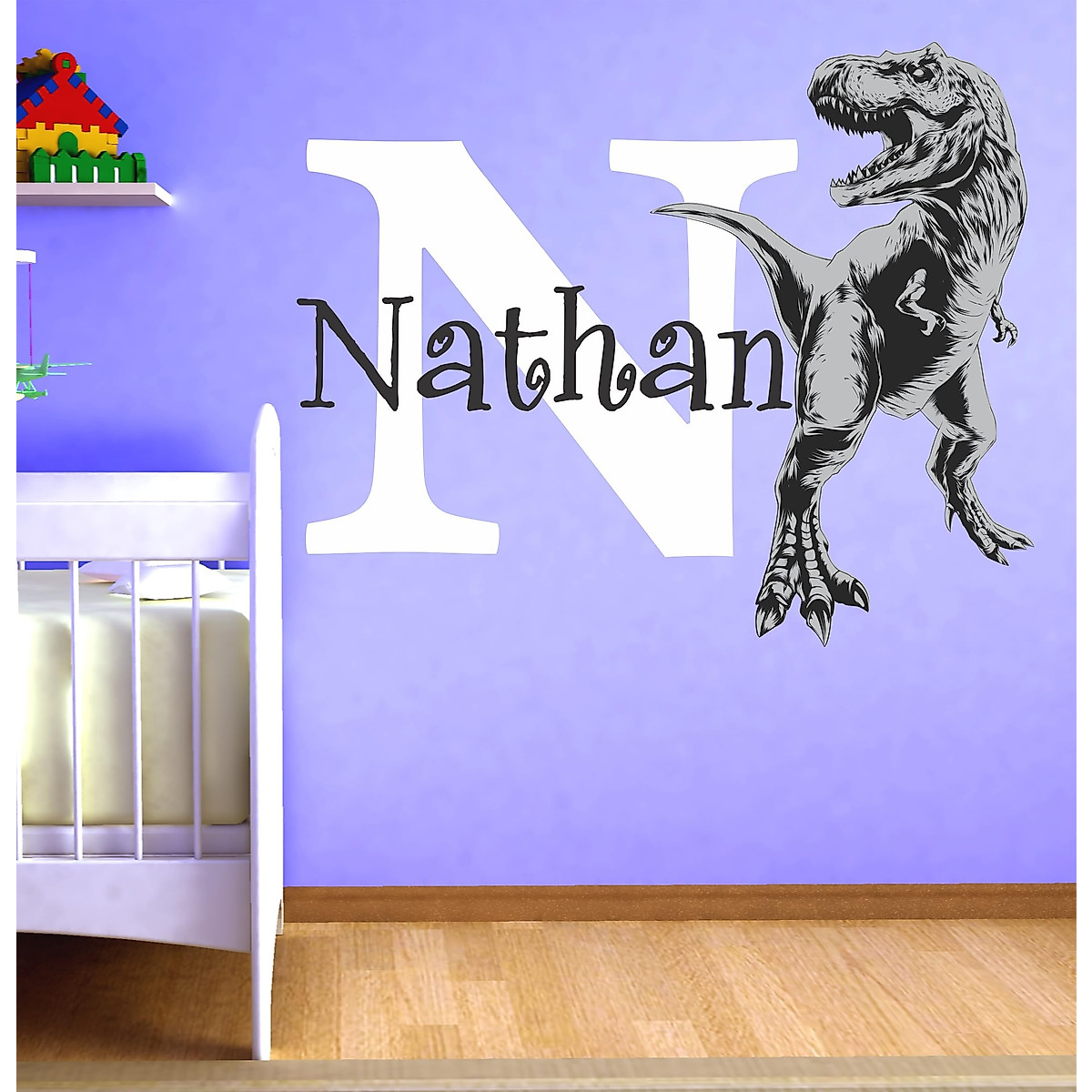 Boys Nursery Blue T Rex, Tyrannosaurus Dinosaurs Personalized Custom Name Initial Vinyl Wall Decal Decor Stickers, Customized Nursery Dino Theme, (Multiple Size Choices) (White Initial/Grey Dinosaur)