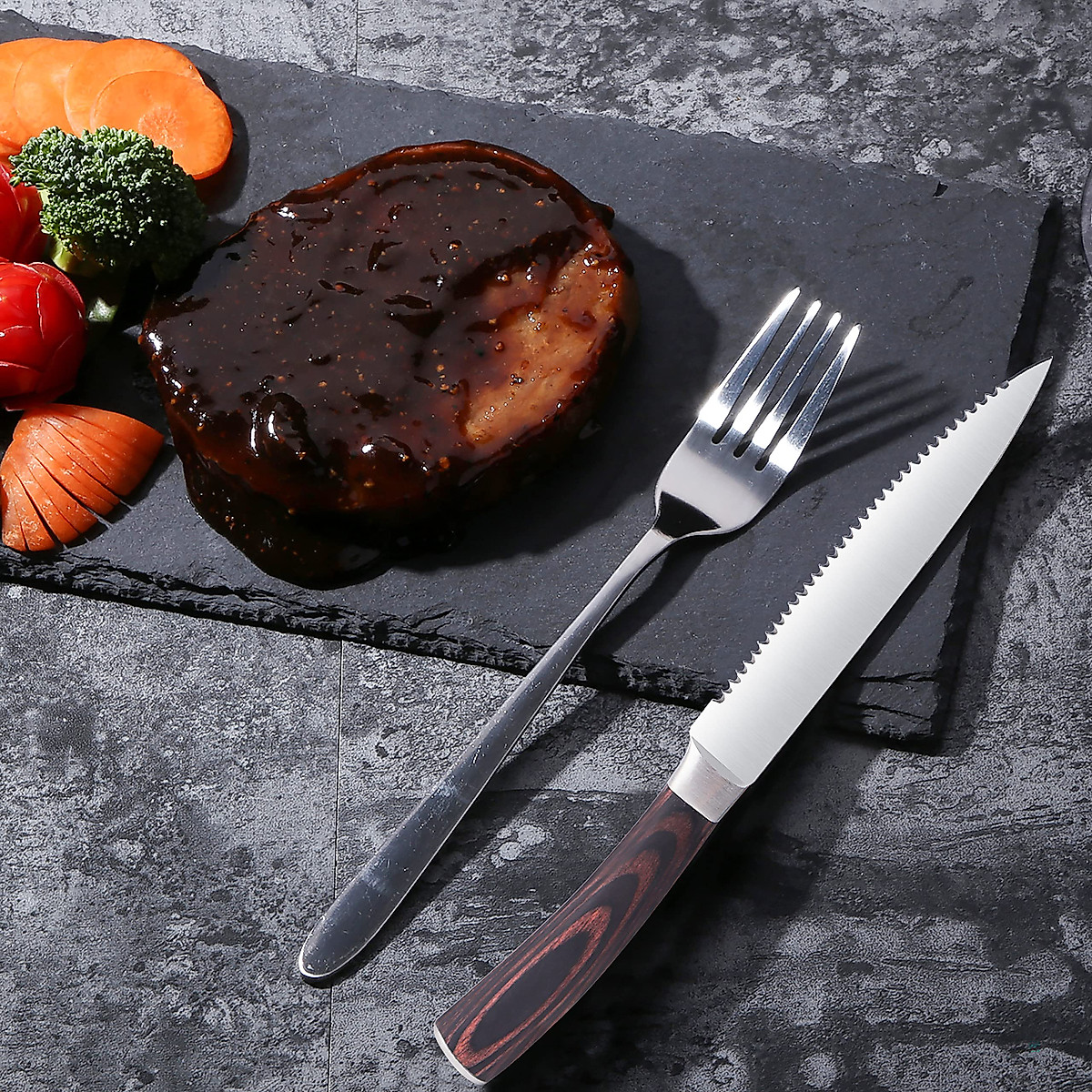 LUVCOSY Pakkawood Steak Knives Set of 12, 12PCS Set of Stainless Steel Serrated Steak Knives with Pakka Wood Handle, Fine Edge Dinner Knife Set with Gift Box for Home Party