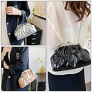 Oichy Leather Evening Bag Pleated Clutch Purses Top Handle Shoulder Bags Kiss Lock Handbags (Silver)