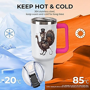 Pilgrim Cat on Turkey Insulated Tumbler with Lid And Straw Stainless Steel Travel Coffee Mug 40oz Light Rose Red-style