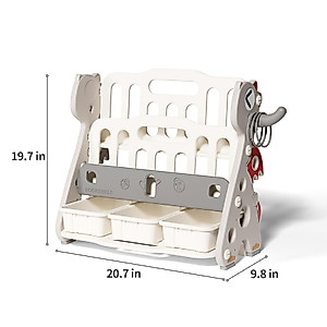 UNICOO® Kids Baby Dragon 2 Tier Bookshelf with 3 Toy Storage Bins, Children Bookshelf & Toy Organizer, Lightweight & Compact, for Toddler Nursery, Study Room, Playroom (Gray)