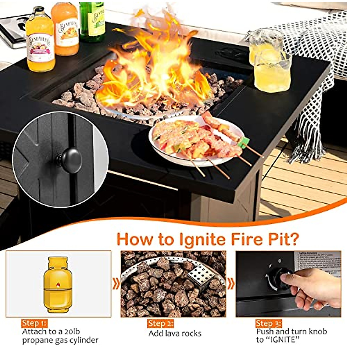 Renatone 28” Outdoor Fire Pit Table, 50,000 BTU Auto-Ignition Propane Fire Pit Table w/ Lid, CSA Certification, 2-in-1 Gas Firepit Table for Patio, Garden, Black