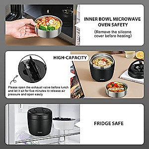wiwens Thermo Food Jar for Hot Food Adults 32OZ Soup Thermo Lunch Containers Wide Mouth Vacuum Insulated Stainless Steel Leakproof Bento Box with Spoon (Black)