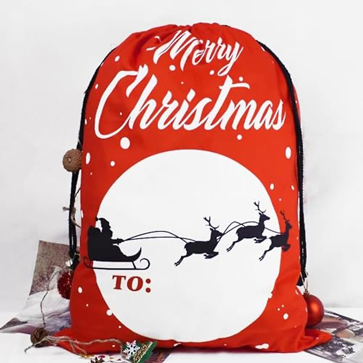 ulafbwur Hand Washable Santa Bag Reusable with Reindeer Sleigh Design Large 70x50cm Size Heavy Duty Cotton Material Festive Drawstring for Red