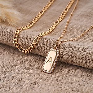 Gold Initial Necklace for Women Figaro Chain Choker Necklace Layered Necklaces Set Initial Bar Rectangle Pendant Necklaces 14K Gold Plated Simple Dainty Letter A Necklace Everyday Gold Jewelry