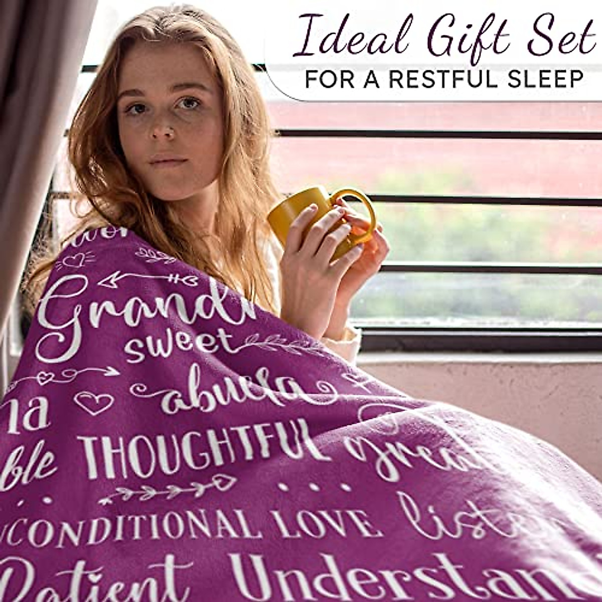 SIMORAS Grandma Blanket with Sleep Mask, Socks and Gift Box - Grandma Throw Blanket for Christmas, Mothers Day - Grandma Gifts for Grandmother Birthday - Fleece Blanket, Purple 60" x 50"