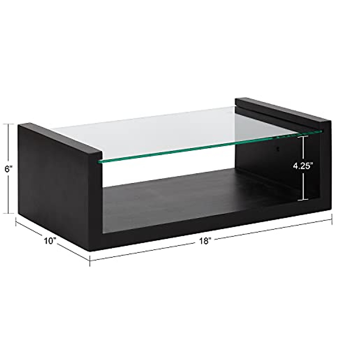 Kate and Laurel Holt Modern Floating Shelf, 18 x 10, Black, Floating Wood Shelf with Tempered Glass Top for Storage and Display