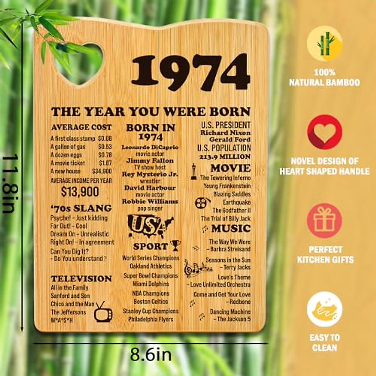 BackURyear 50th Birthday Gifts for Women Men, 50th Birthday Presents for Her Him, 50 Years Old Birthday Decorations, Born in 1974- Turning Fifty, 50th Birthday Cutting Board Gifts