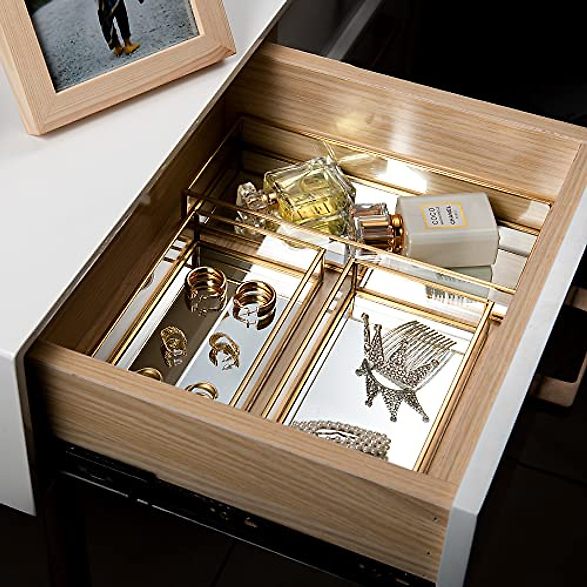 Feyarl Gold Clear Glass Vanity Tray Jewelry Trinket Rings Earrings Organizer Perfume Collection Display Decorative Tray for Dressr Drawer Office Tabletop (7.87Inch)