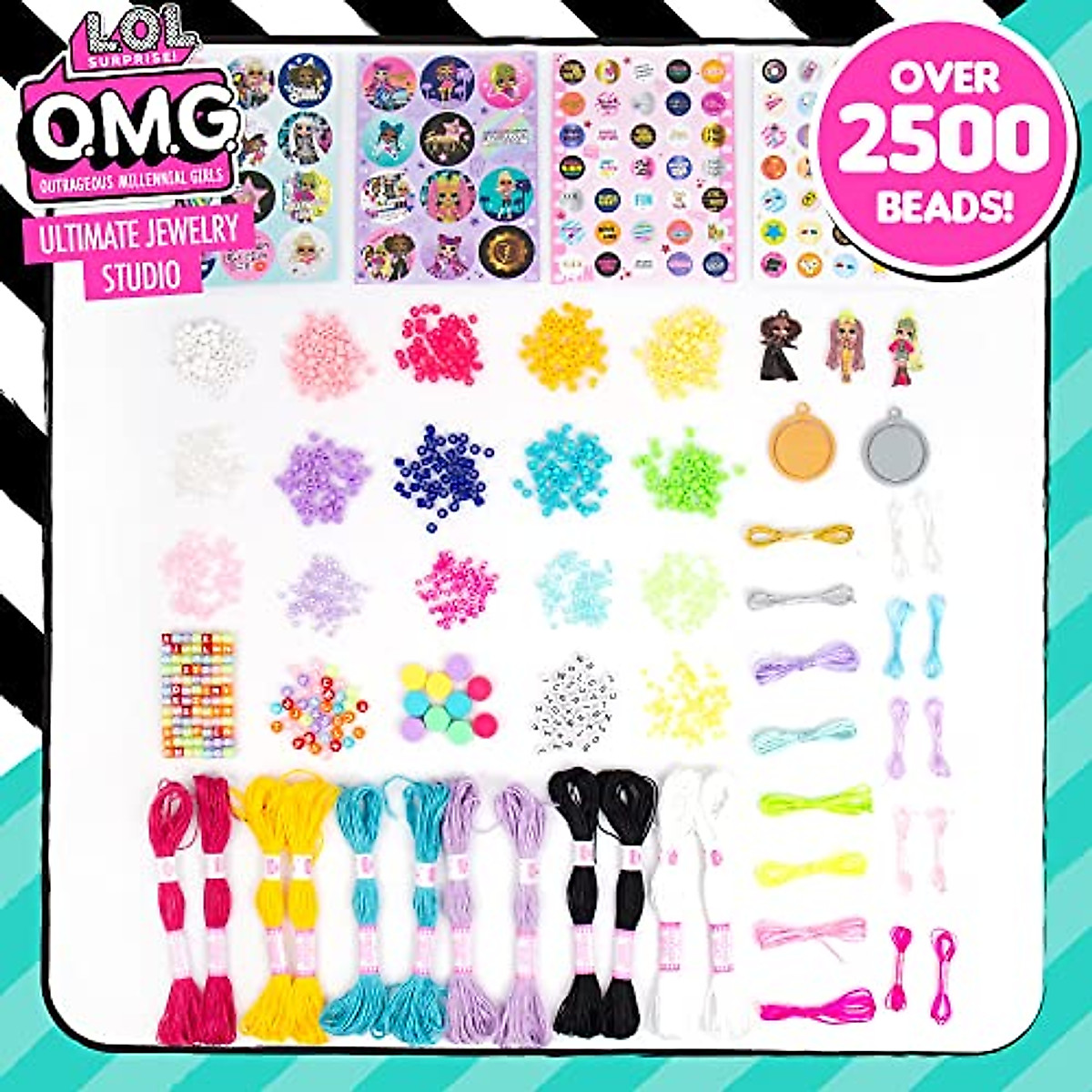 L.O.L. Surprise! O.M.G. Double Feature Ultimate Jewelry Studio, Over 2500 Beads, Create 50+ Pieces of Jewelry Doll Charms, Alphabet Beads & Stickers, Bead Kit for Kids Ages 6, 7, 8, 9