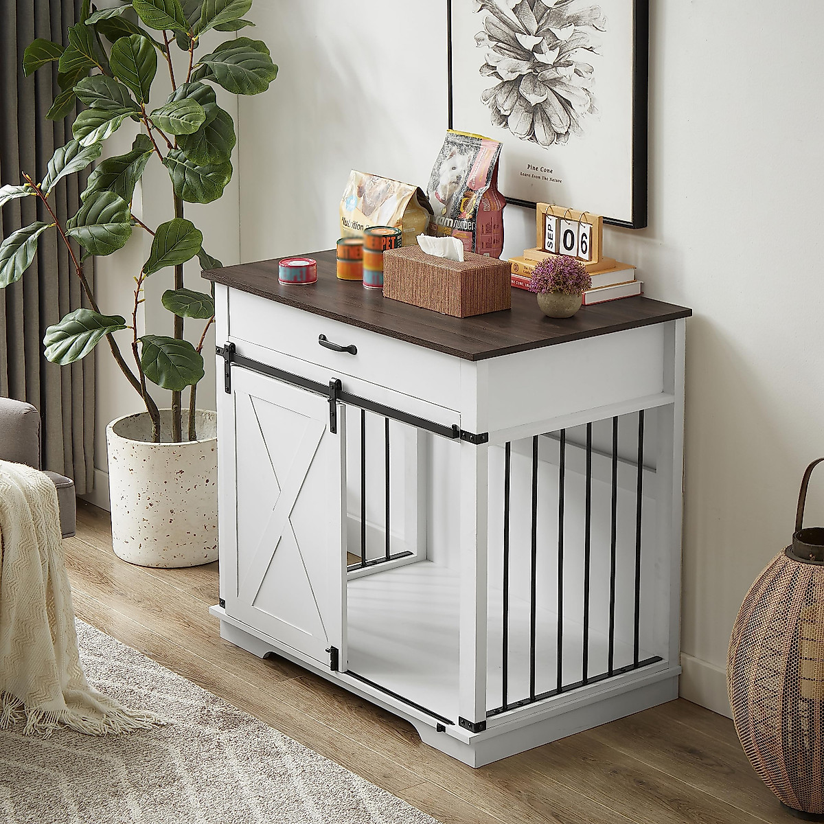 Vliekcy Farmhouse Dog Crate Furniture with Drawer 37.8" Dog Kennel Furniture White Side End Table Dog Crate Indoor Table Dog Cage for Small Medium Dog