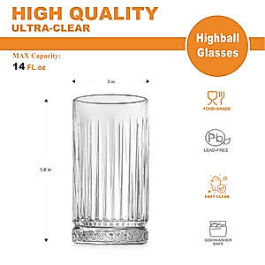 LUXU Highball Glasses 14 fl.oz,Set of 6, Lead-free Drinking Glasses with Heavy Base,Premium Collins Tumblers for Water/Juice/Cocktails/Beverages,Beautiful Striped Look Glassware,Dishwasher Safe