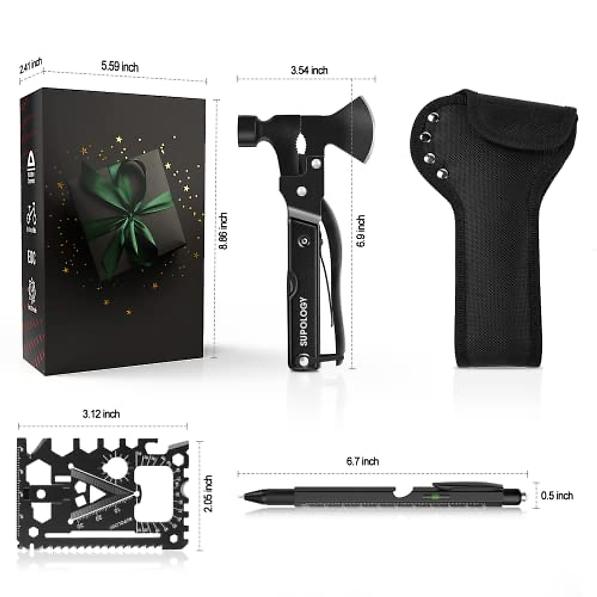 SUPOLOGY Multitool Gifts for Men Dad Husband Boyfriend Father Him, Camping Multitool Hatchet Hammer Pen Survival Multi Tool Card Axe Pliers Saw Screwdriver, Multipurpose Tool for Home Outdoor Hiking