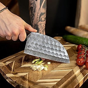 Morf Steelware Premium Damascus Serbian Cleaver Knife for BBQ Cooking - Handmade Chef Chopper Knife with Rose Wood Handle Perfect for Chefs and Cooking Enthusiasts Durable Razor-Sharp