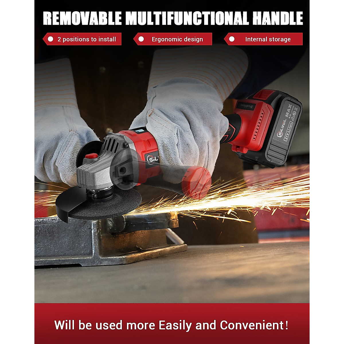 SILVEL Cordless Angle Grinder, 21V Cordless Grinders Tools with 3.0Ah Lithium-Ion Battery, Charger, 2 Position Handle, 4-1/2inch with 8500RPM Brushless Motor Cordless Grinder for Metal, Wood