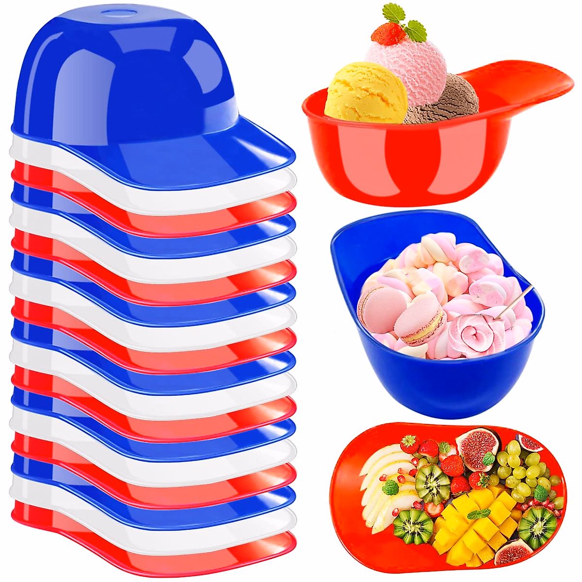 Szsrcywd 24 Pack Plastic Baseball Helmet Bowl,Mini Ice Cream Dessert Baseball Cap Bowls,Party Snack Cups for Birthday Party Supplies(Red Blue and White)