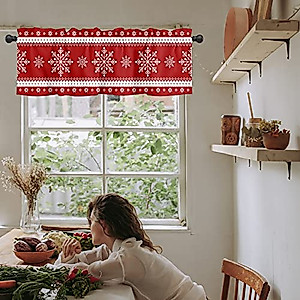 Millxiu Christmas Kitchen Curtain Valance 42x12 inch Merry Christmas White Snowflake Red Backdrop Window Valance for Kitchen and Bathroom,Rod Pocket Short Valances Window Treatment