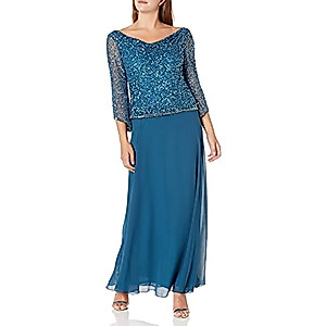 J Kara Women's Long Beaded Dress with Cowl Neck, Teal/Mercury, 18
