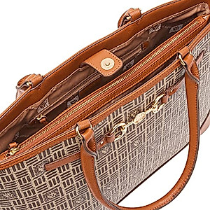 Anne Klein Large Horsebit Tote in Tile Lion Logo, Cream-Brown/Saddle