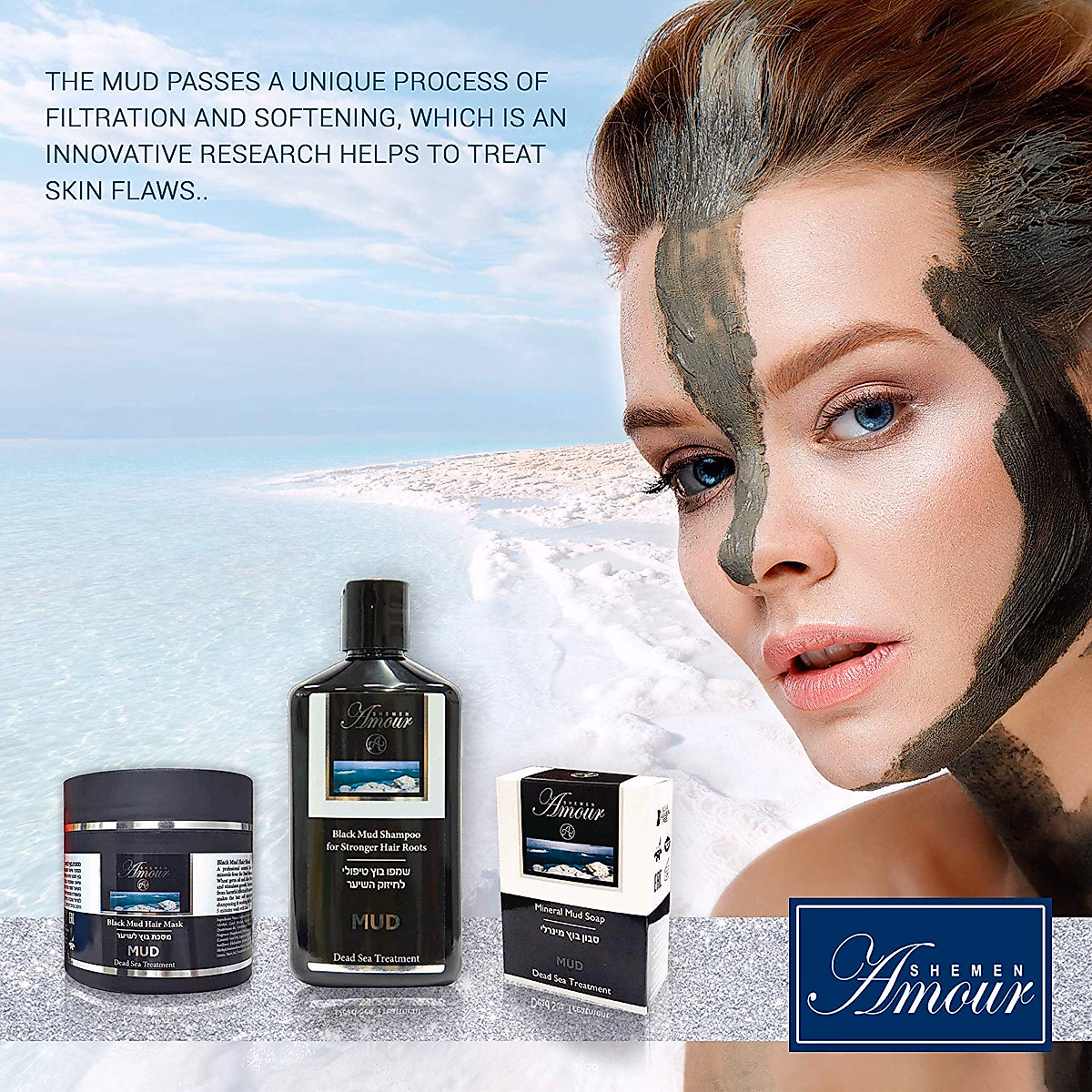 Shemen Amour Dead Sea Natural Treatment, Black Mud Shampoo Stronger Hair Roots