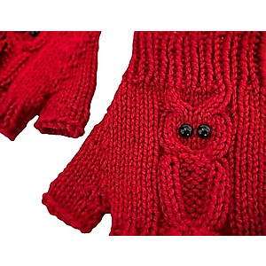 Hand Knit Adult Owl Fingerless Gloves Mittens Mitts – Knitted Granny Gloves with Owls for Warm Hands – Handmade Gift for Women Wife Girlfriend – Handcrafted Hand Warmers (Small, Red)