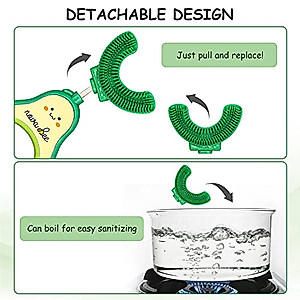 NovaBee U Shaped Toothbrush for Children – 4 Pack Set Avocado Handle and 3 Food Grade Silicone Brush Heads - 360 Whole Mouth Manual Ergonomic Toothbrush for Toddlers and Kids Ages 2-7
