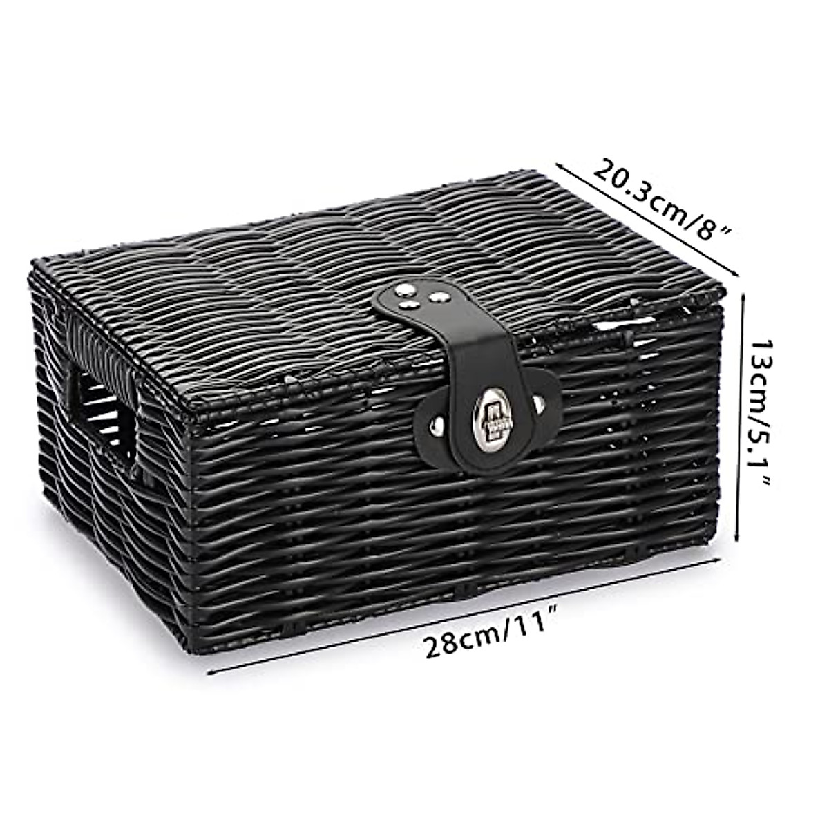 Hipiwe Decorative Storage Boxes with Lids & Lock Black Woven Basket Bin Built-in Carry Handles Plastic Shelf Basket Lidded Multifunctional Household Organizer Box for Clothes Toy Book Snack