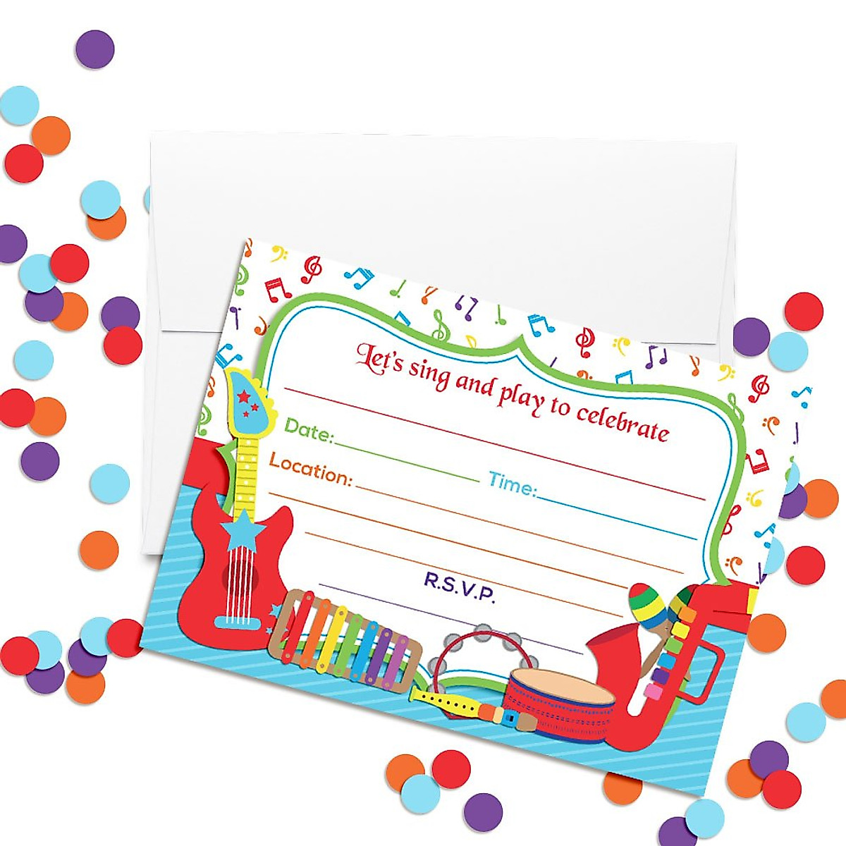 Musical Instruments Sing and Play Themed Birthday Party Invitations, 20 5x7 Fill In Cards with Twenty White Envelopes by AmandaCreation
