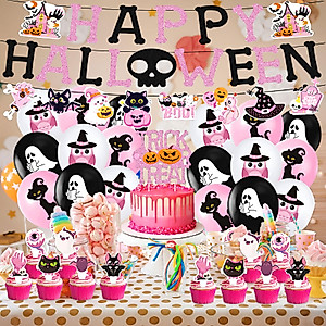 DPKOW Pink Halloween Party Decorations with Happy Halloween Banners, Cupcake Toppers and Balloons Pink and Black Halloween Decorations for Girls Kids Baby Shower Boo Day Birthday Party Supplies, 36Pcs