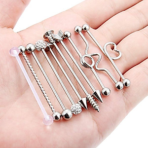 Lcolyoli 10Pcs 14G Surgical Steel Industrial Barbell for Women Men Cartilage Earring Bar Body Piercing Jewelry Retainer 1 1/2 Inch 38mm Silver-tone Ball Spike Arrow Screw Bioflex Acrylic Heart