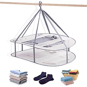 WEISGJA 2 Tier Folding Mesh Clothes Drying Rack with Internal Fixation Stackable Sweater Drying Rack Portable Hanging Laundry Rack for Sweater,T-Shirt,Delicates,Swimsuit (1 Pack)