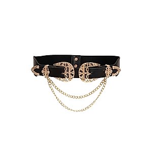 Verdusa Women's Double Buckle Chain Cowgirl Belts Leather Elastic Waist Belt Black 90