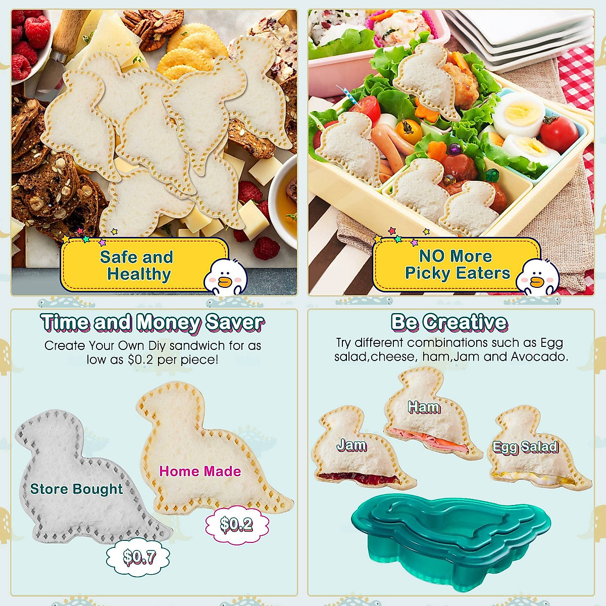 KSPOWWIN Sandwich Cutter and Sealer, Uncrustables Sandwich Maker Dinosaur Sandwich Cutters, Decruster Dino Sandwich Cutter for Kids Boys Girls Lunch Bento Box