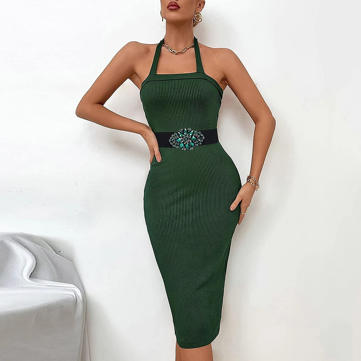 E-Clover Fashion Floral Rhinestone Buckle Women's Elastic Waist Cinch Belt for Dress for Waist Size 25''-32''(Green1)