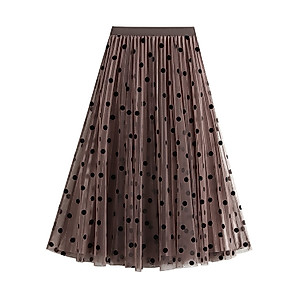 Qoinied Women's Polka Dot Mesh Half-Body Skirt High-Waisted Draped Pleated Skirt Large Hem Tulle A-line Midi Skirts Khaki
