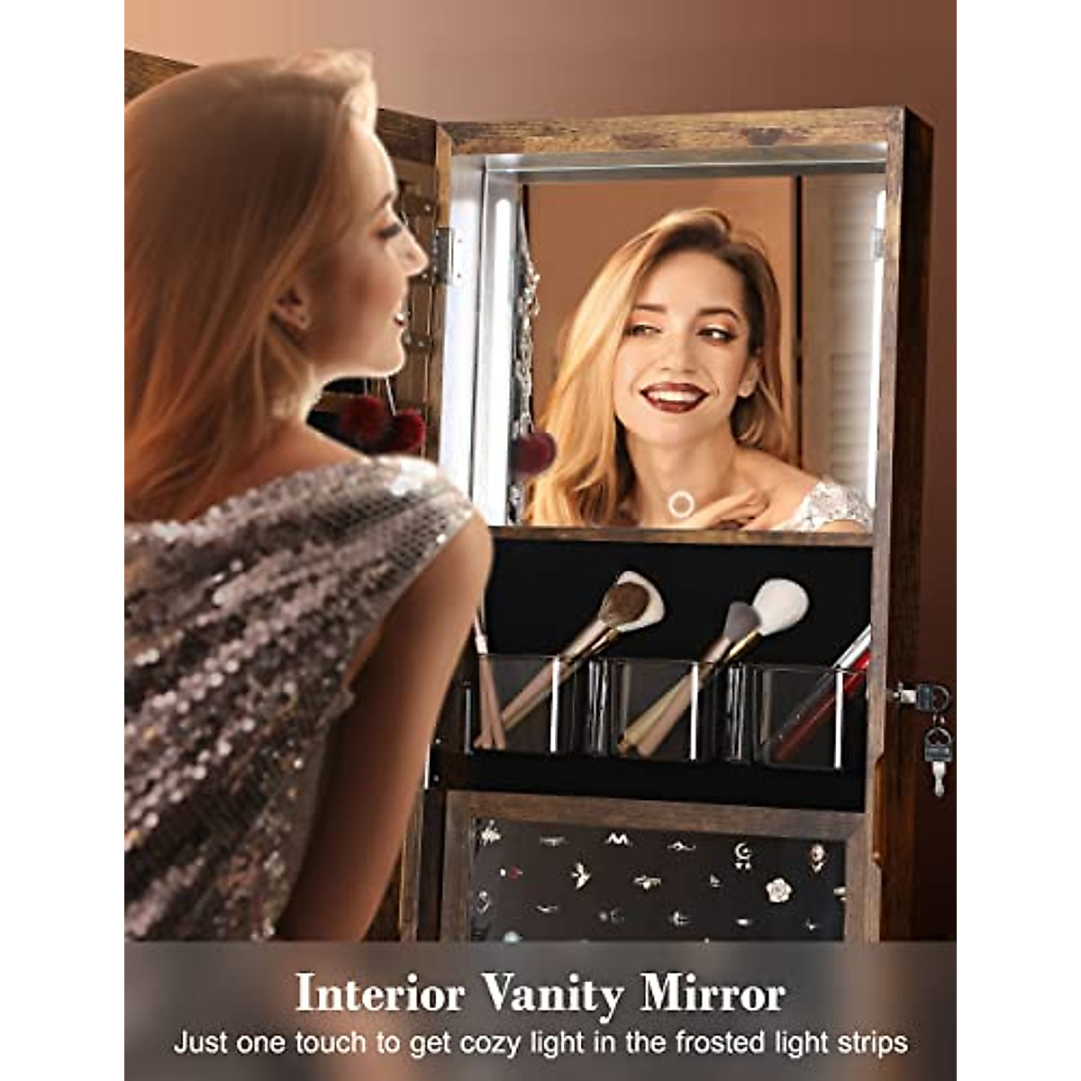 Nicetree 360° Swivel Jewelry Cabinet with Lights, Touch Screen Vanity Mirror, Rotatable Full Length Mirror with Jewelry Storage, Locking Jewelry Armoire Organizer, Foldable Makeup Shelf, Rustic Brown