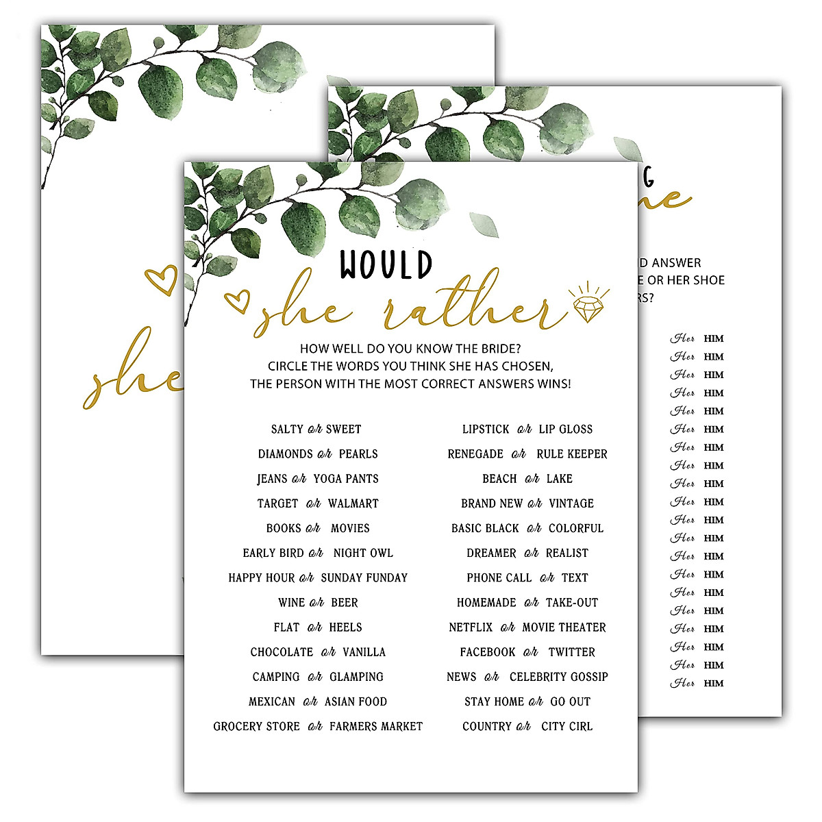 Bridal Shower Games - Greenery Engagement Party Game Cards For Wedding, Bachelorette Party - Bridal Shower Decorations - Would She Rather - 30 Cards(003)