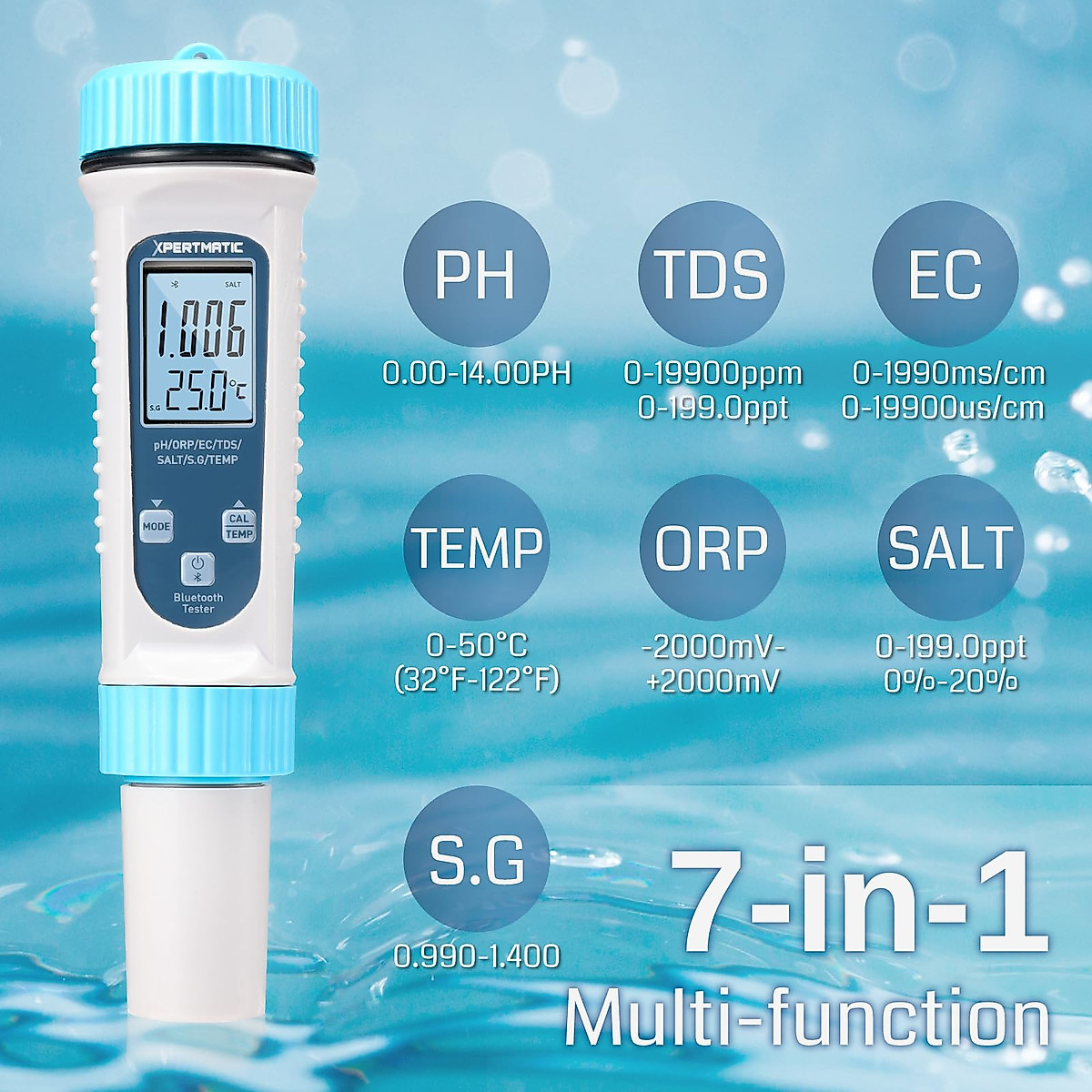 XpertMatic Digital PH Meter, 7in1 PH TDS EC SALT TEMP S.G ORP, High Accuracy Water Tester, Bluetooth Control, for Pool, Hydroponics and Aquariums