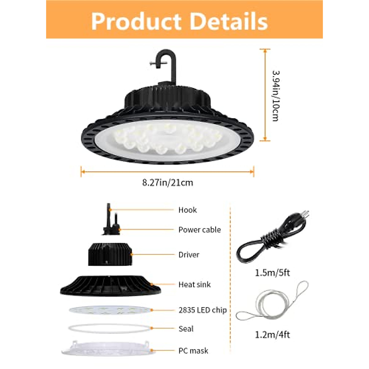 LED High Bay Light, 100W 12000LM UFO LED High Bay Lights with US Plug 5' Cable, 6500K Super Bright LED Shop Lights, IP65 Warehouse Light, Area Light Fixture Shop Light for Garage Warehouse Workshop