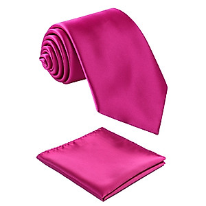 fortunatever Mens Solid Satin Neckties With Gift Box+Pocket Square(Magenta)