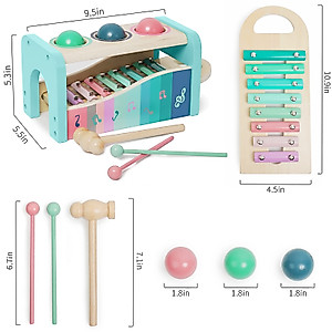 NUKied Musical Pounding Toy for Educational Play, Wooden Montessori Baby Musical Toys with Hammer and Slide Out Xylophone for Toddlers