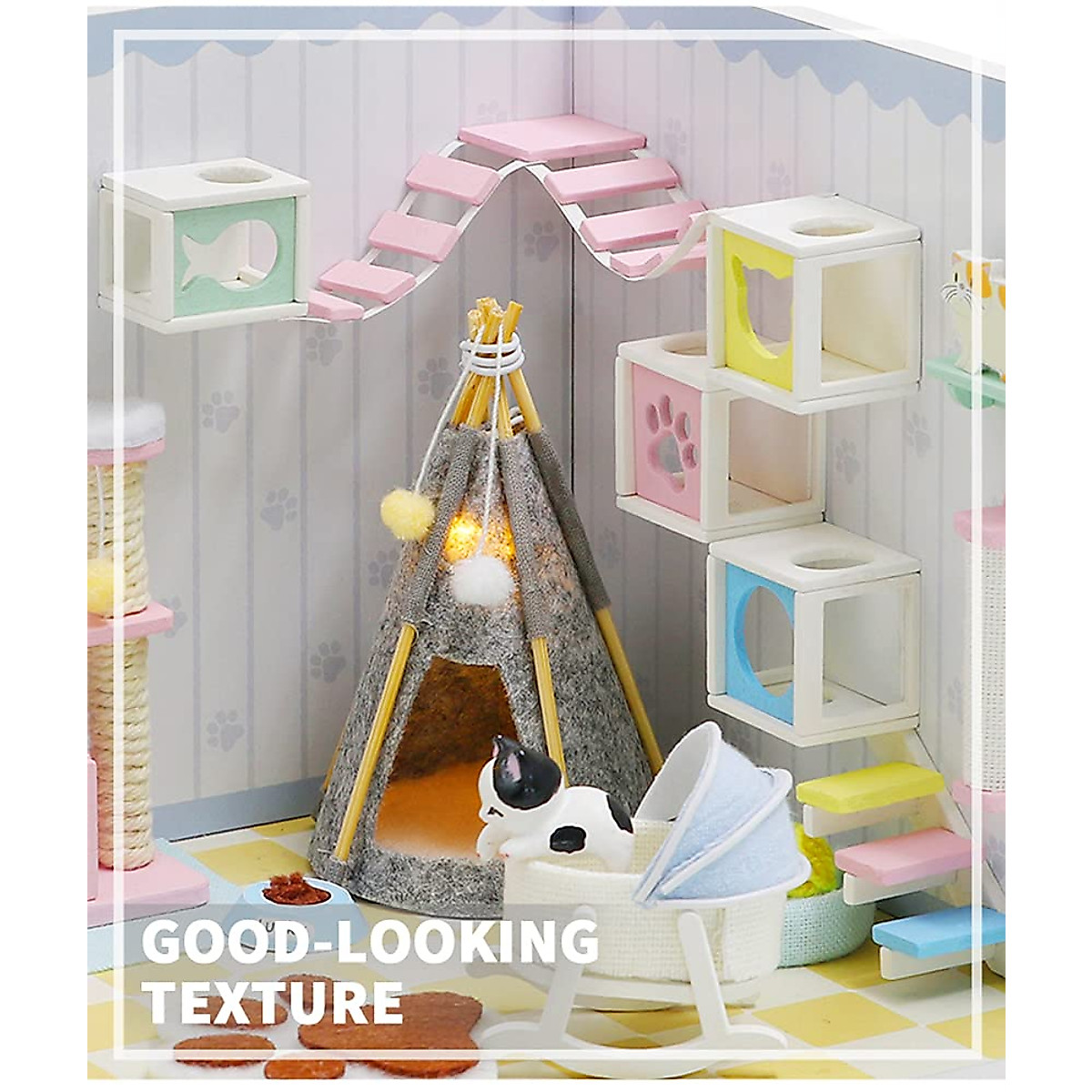 Kisoy Dollhouse Miniature with Furniture Kit, DIY 3D Wooden DIY House Kit A Corner of a Small Apartment Style with Dust Cover & LED,Handmade Tiny House Toys for Kids Adults Gift (Pet Room)