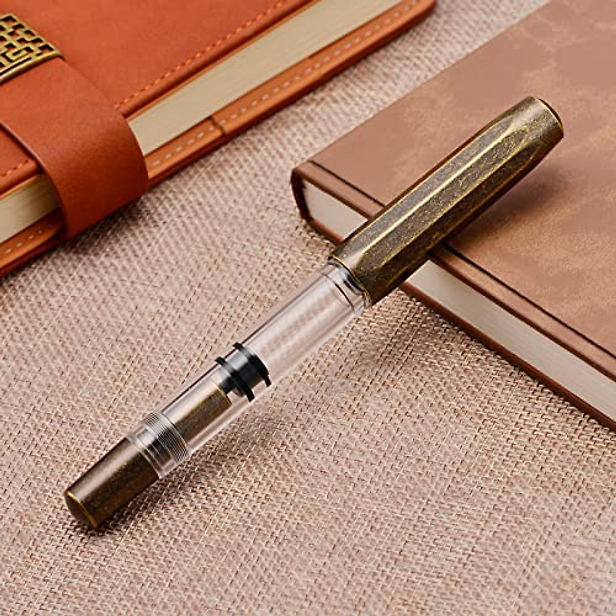 Majohn T1 Piston Fountain Pen Fine, Vintage Brass Transparent Acrylic Large Ink Capacity Writing Gift Box