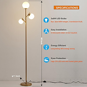 Fiqevs 3 Globe Gold Mid Century Floor Lamp, Modern Standing Lamp with Frosted Glass Shade & 3pcs Warm White LED Bulbs, Contemporary Tall Tree Lamp for Living Room, Bedroom - Antique Brass