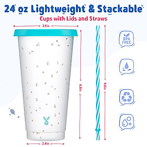 Meoky Confetti Color Changing Cups with Lids and Straws for Iced Coffee, Party, Pool - 6 Pack 24oz Reusable Plastic Tumblers for Kids and Adults